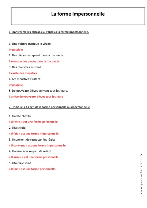 La forme impersonnelle - 4ème - Exercices avec correction - Pass Education