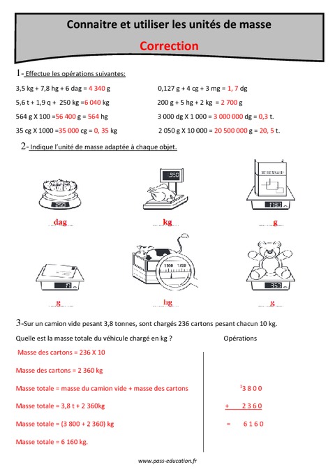 Masse g, kg - Cm2 - Exercices corrigés - Pass Education