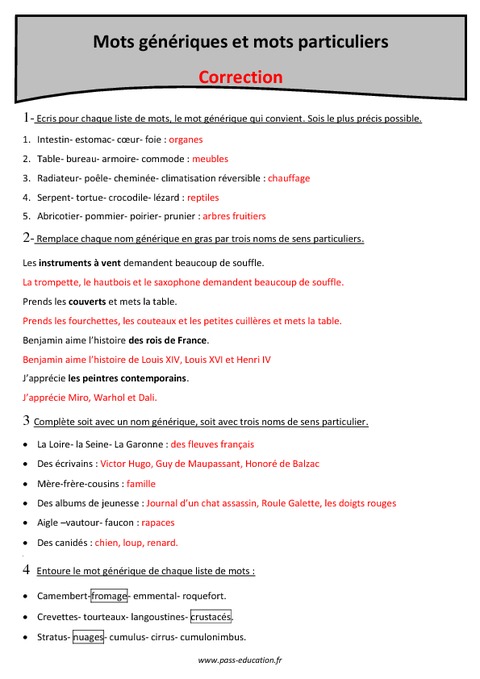 Mots particuliers et mots génériques cm2 - Exercices corrigés - Pass ...