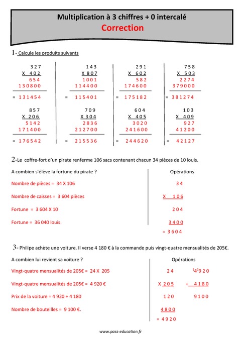 Multiplication à 3 chiffres + 0 intercalé - Cm2 - Exercices corrigés ...