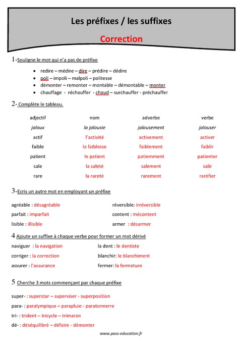 Préfixes - Suffixes - Cm1 - Exercices avec correction - Pass Education