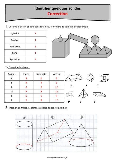 Solides: faces, sommets, arêtes - Cm2 - Exercices corrigés - Pass Education
