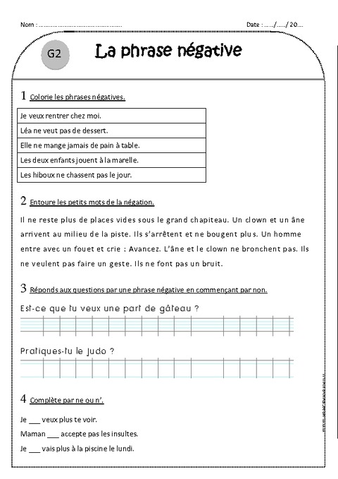 Forme de phrase - Phrase négative - Ce1 - Exercices avec correction ...