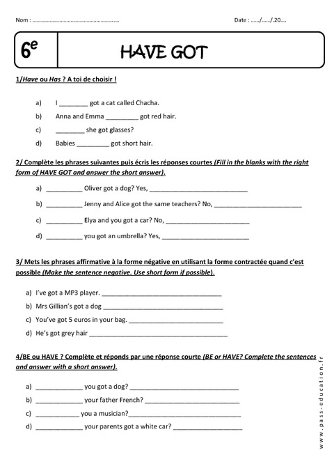 Have got – 6ème – Exercices corrigés - Have - Has - Pass Education