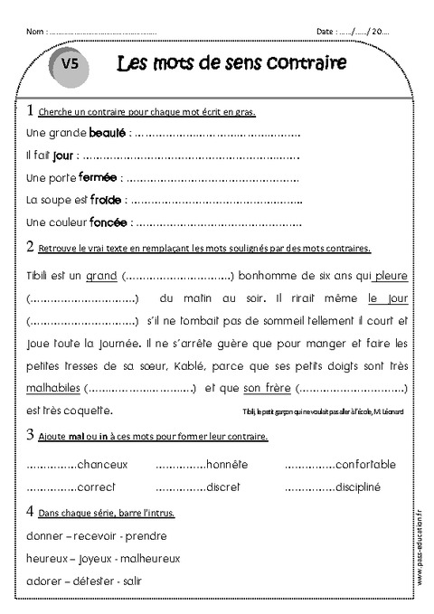 Antonymes ou mots de sens contraire - Ce1 - Exercices corrigés - Pass ...