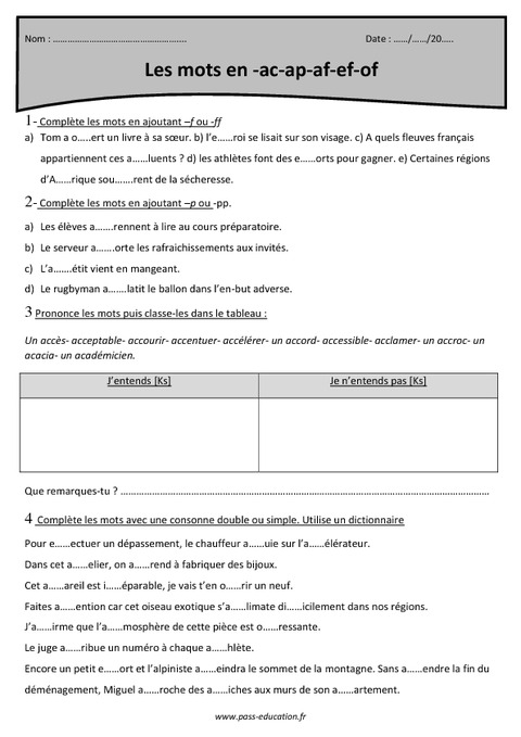 Mots en -ac-ap -af-ef -of - Cm2 - Exercices à imprimer - Pass Education
