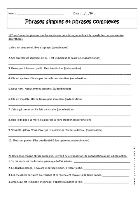 Phrase complexe et simple – 4ème – Exercices avec correction - Pass ...