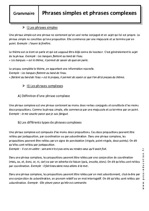 Phrase simple et phrase complexe - 4ème - Cours - Pass Education