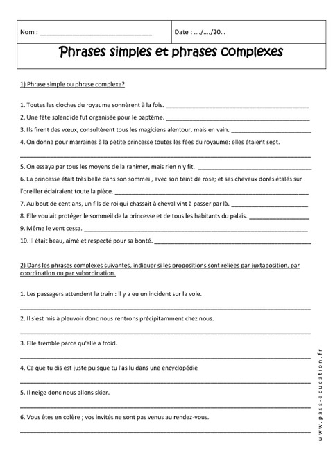 Phrase simple et phrase complexe - 4ème - Exercices corrigés - Pass ...