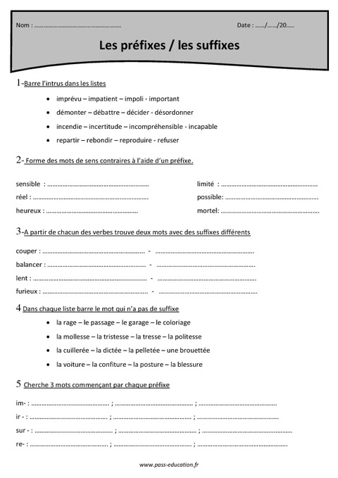 Suffixes - Préfixes - Cm1 - Exercices à imprimer - Pass Education
