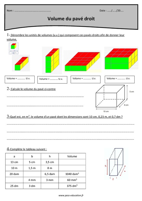 Volume du pavé droit - Cm2 - Exercices à imprimer - Pass Education