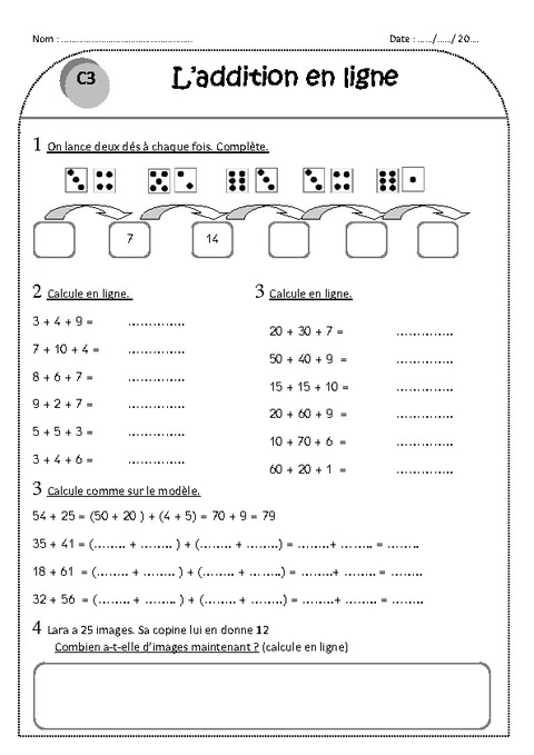 Addition en ligne - Ce1 - Exercices corrigés - Pass Education