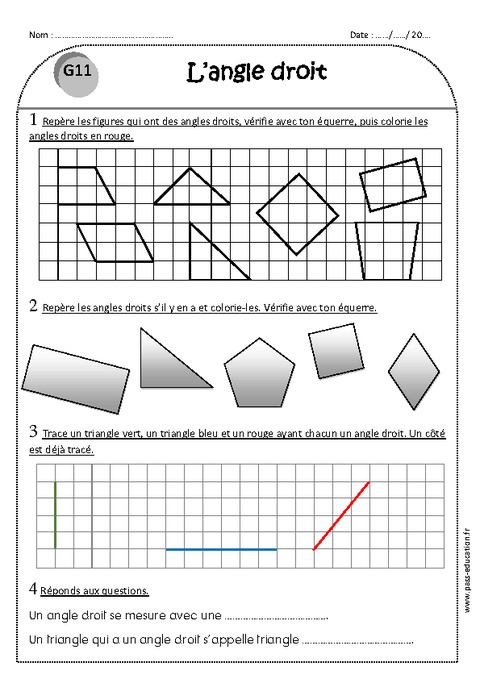 Angle droit - Equerre - Ce1 - Exercices à imprimer - Pass Education