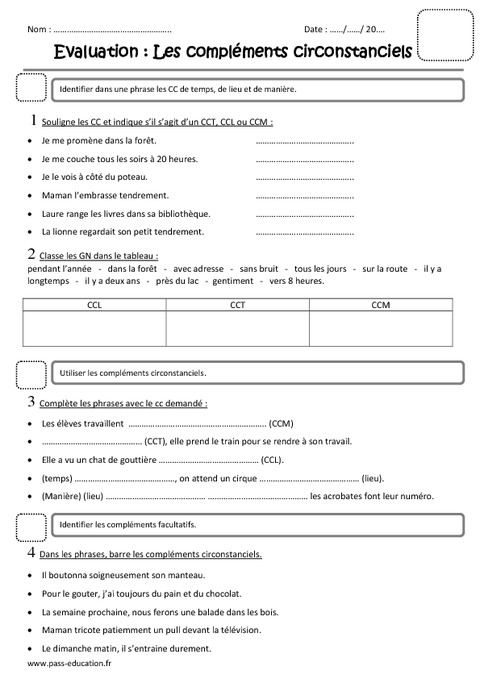 Compléments circonstanciels - Cm1 - Evaluation - Temps, lieu et de ...