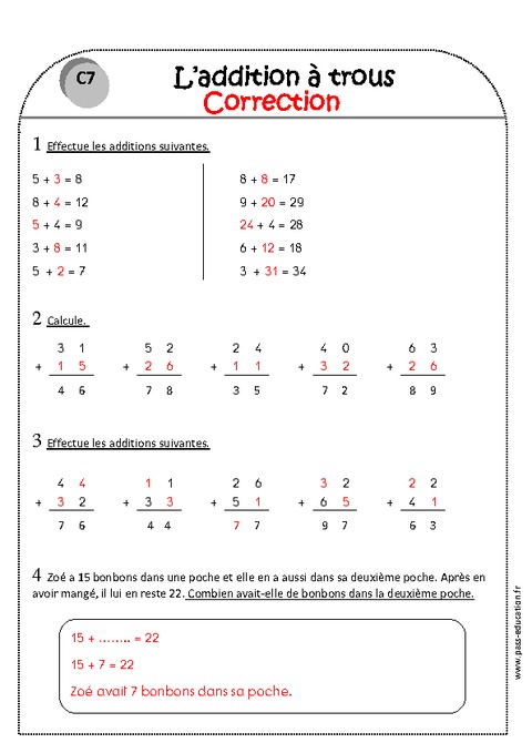Addition à trous - Ce1 - Exercices corrigés - Pass Education
