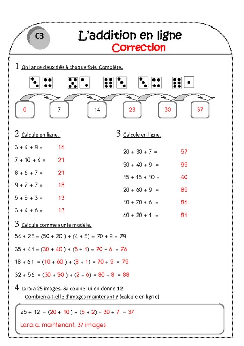 Addition en ligne - Ce1 - Exercices corrigés - Pass Education