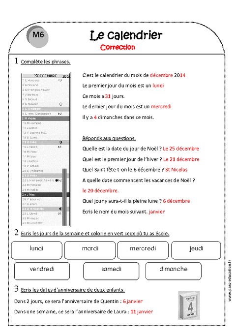Calendrier - Ce1 - Exercices à imprimer - Pass Education