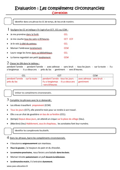 Compléments circonstanciels - Cm1 - Evaluation - Temps, lieu et de ...