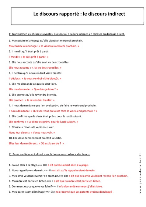 Discours indirect - Discours rapporté - 4ème - Exercices à imprimer ...