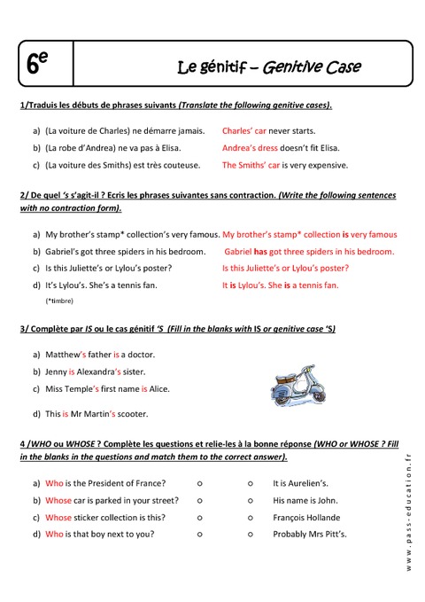 Génitif - 6ème - Exercices à imprimer - Pass Education