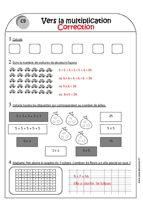 Vers la multiplication - Ce1 - Exercices corrigés - Pass Education