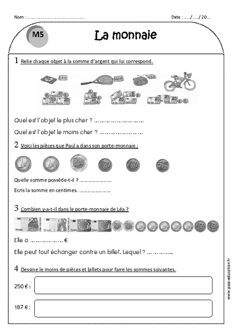 Monnaie - Ce1 - Exercices à imprimer - Pass Education