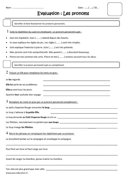 Pronoms - Cm1 - Evaluation - Pronom personnel sujet ou complément ...