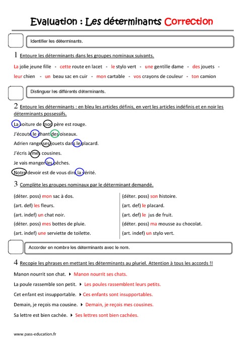 Déterminants - Ce2 - Evaluation - Pass Education
