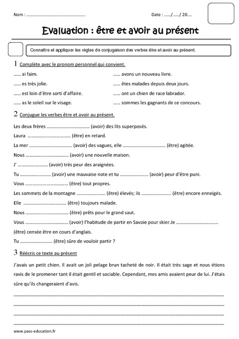 Etre et avoir au présent - Ce2 - Evaluation - Pass Education