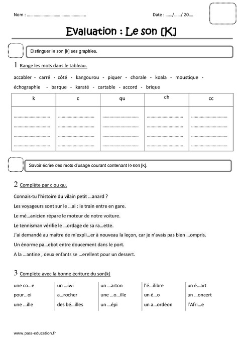 K – Ce2 – Evaluation sur les sons - Pass Education