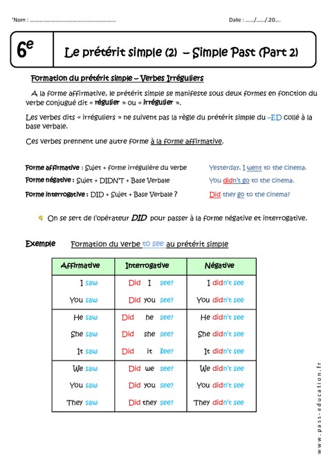 Prétérit simple - Simple Past - 6ème - Cours - Pass Education