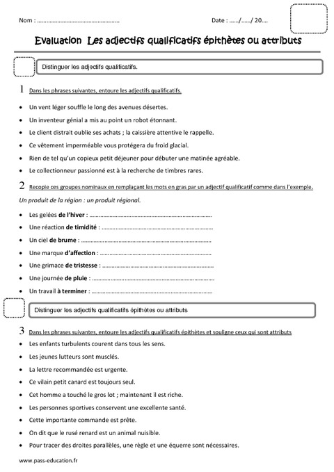 Adjectifs qualificatifs, épithètes ou attributs - Cm2 - Evaluation ...