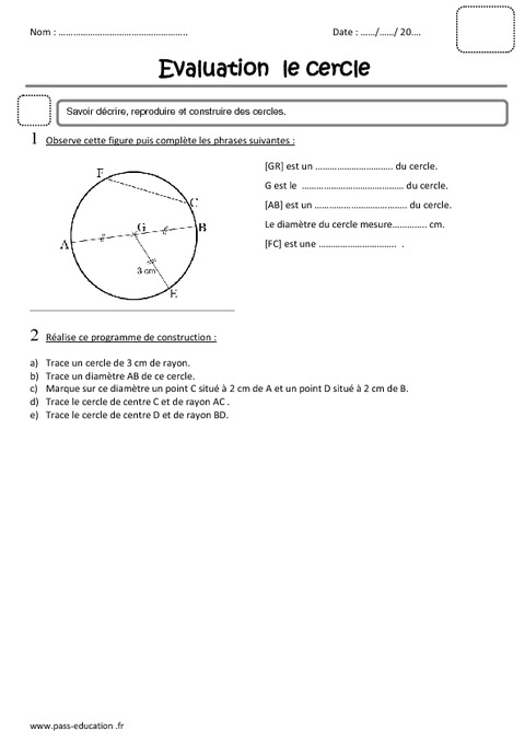 Cercle - Cm2 - Evaluation - Rayon, centre, diamètre, corde - Pass Education