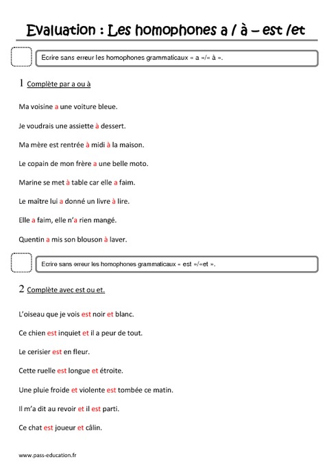 à, a - est,et - Homonymes - Homophones - Ce1 - Evaluation - Pass Education