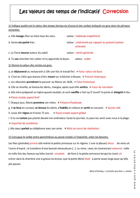 Indicatif - Valeurs des temps - 5ème - Exercices - Pass Education