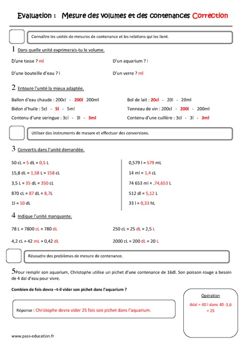 Mesure de volumes, contenances, capacité - Cm2 - Evaluation - Pass ...