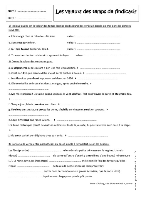 Indicatif - Valeurs des temps - 5ème - Exercices - Pass Education