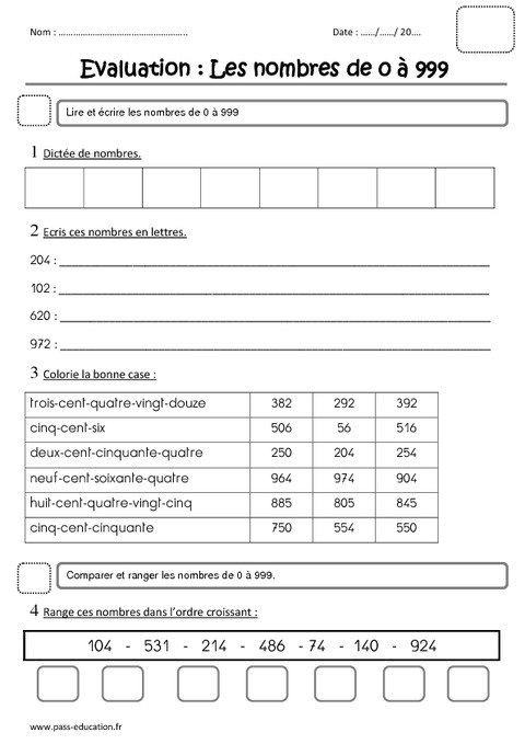 Nombres de 0 à 999 - Ce1 - Evaluation - Pass Education