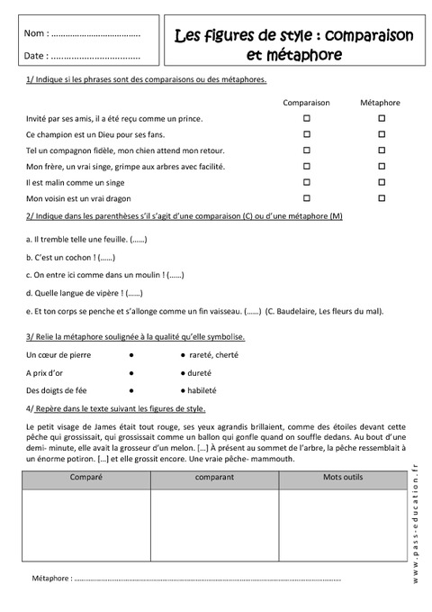 Comparaison et métaphore - 5ème - Exercices - Pass Education