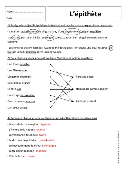 Adjectifs épithètes - 6ème - Exercices corrigés - Pass Education