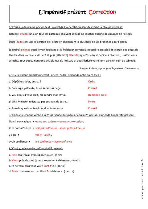 Présent de l'impératif- 4ème - Exercices à imprimer - Pass Education