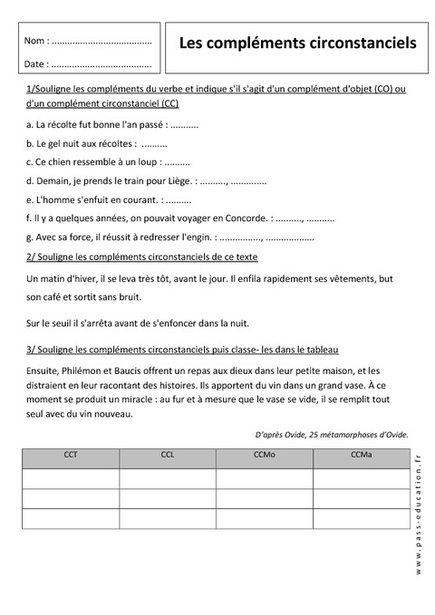 Temps, lieu, moyen, manière – 6ème - Exercices sur les compléments ...