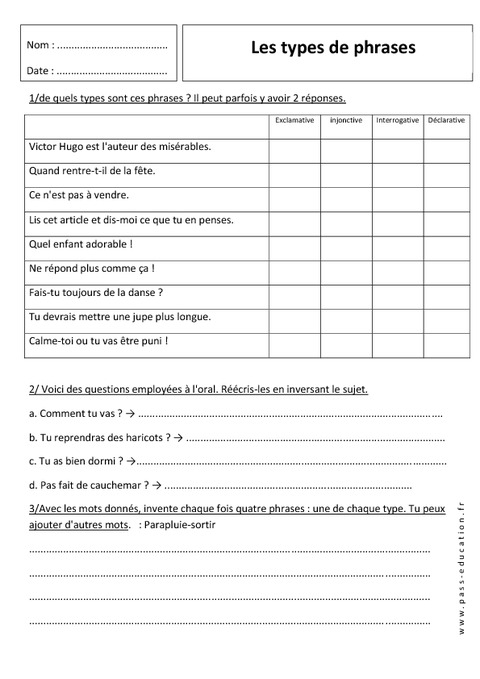 Types de phrases - 6ème – Révisions - Phrase déclarative, interrogative ...