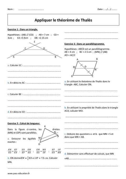 Appliquer le théorème de Thalès - 4ème - Exercices corrigés - Pass ...