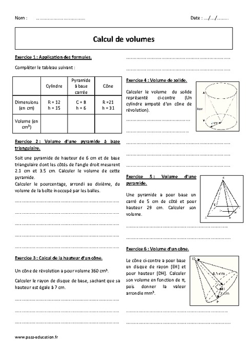 Calcul de volumes - 4ème - Exercices à imprimer - Pass Education