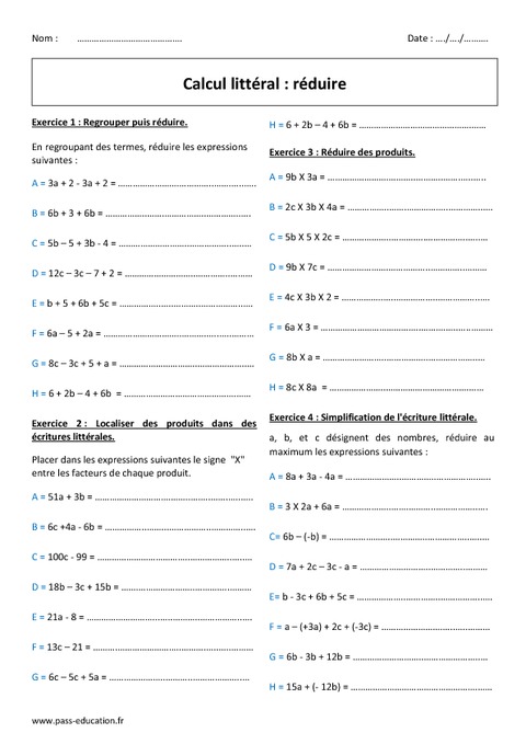 Calcul littéral - Réduire - 5ème - Exercices corrigés - Pass Education