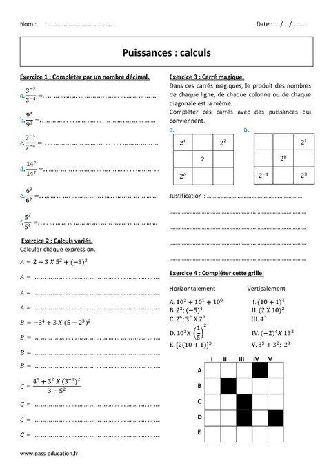 Calculs - 4ème - Exercices à imprimer sur les puissances - Pass Education