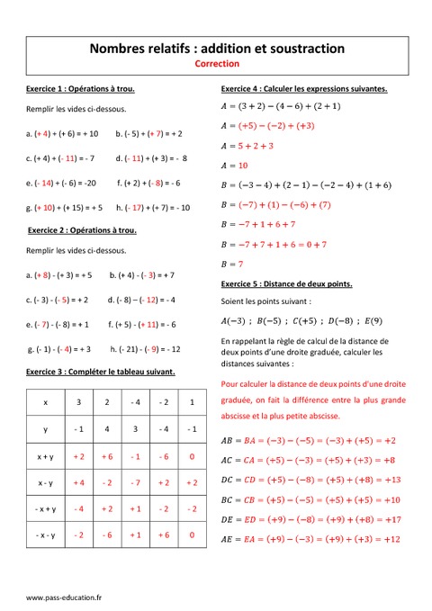 Addition et soustraction - 4ème - Exercices corrigés sur les nombres ...