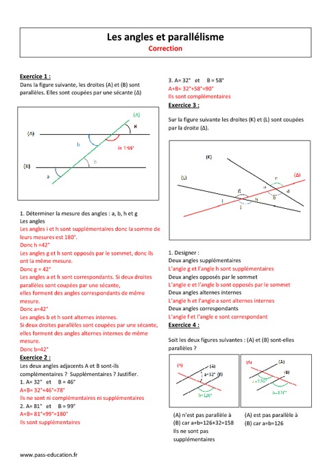 Angles - Parallélisme - 5ème - Exercices corrigés - Pass Education