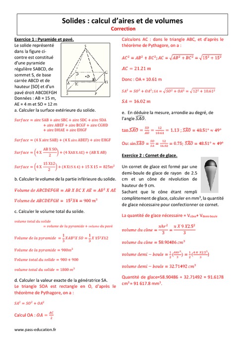 Calcul d’aires et de volumes - Solides - 3ème - Révisions brevet - Pass ...